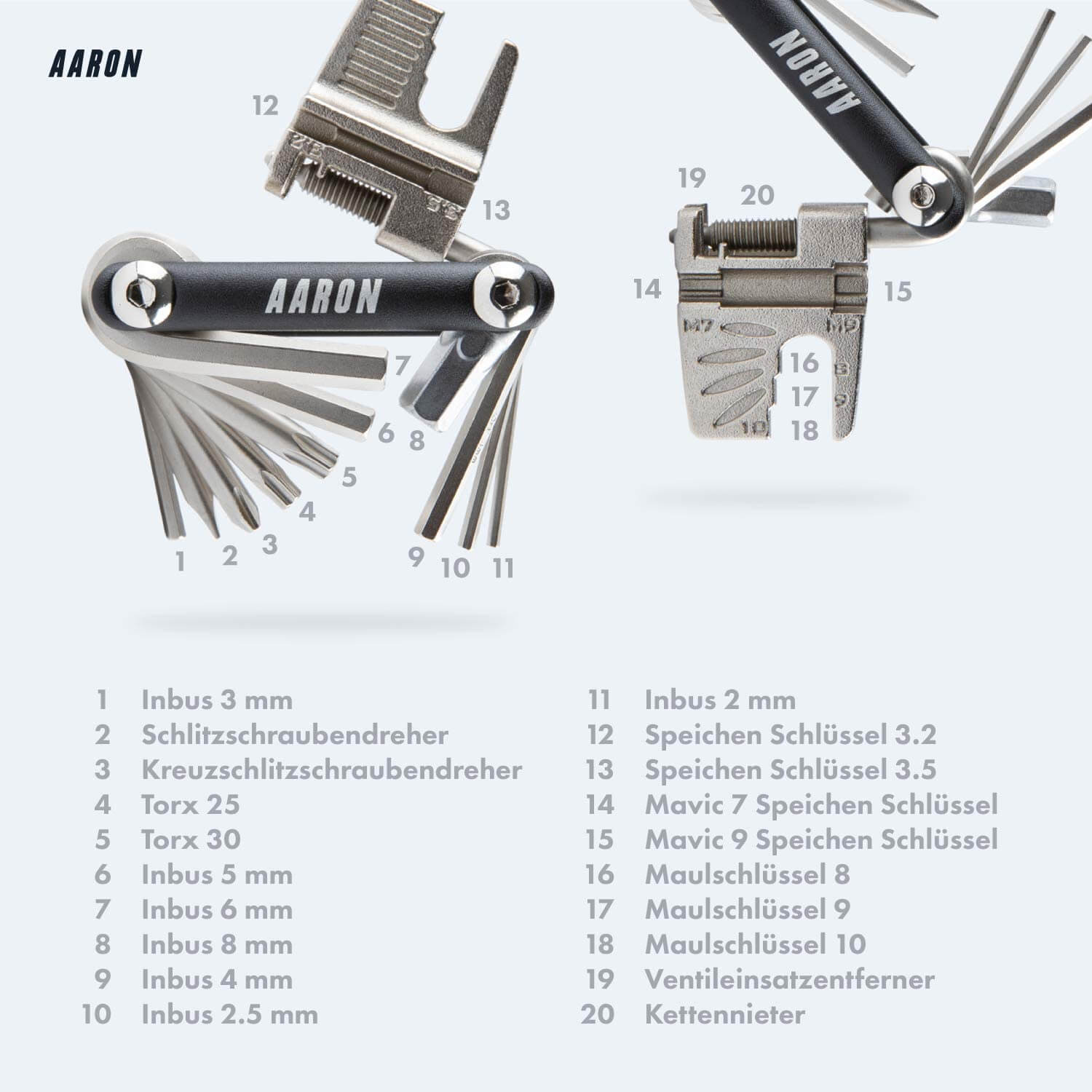 AARON Tool 20 in 1 Multitool - Fahrrad Multifunktionswerkzeug - Schwar